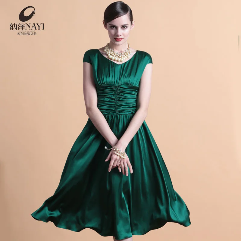 2014 fashion deep v neck pleated solid color silk dress one piece dress ...
