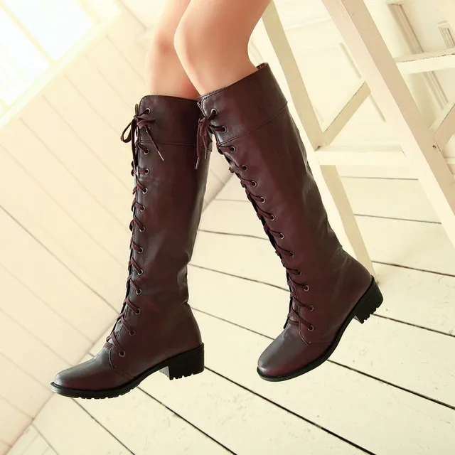 Vintage Red Women Boots Knee High Lace Up Long Boots Square Thick Heel ...