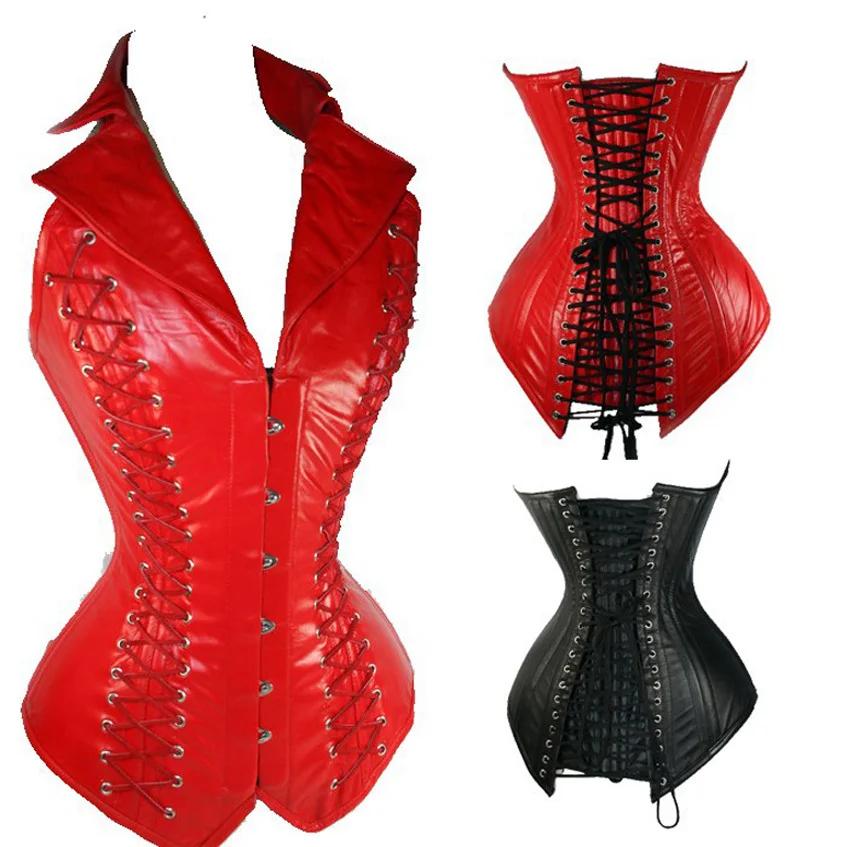 GOOD QUALITY Stylish Women Corset Thick Faux Leather Top V neck Corslet ...