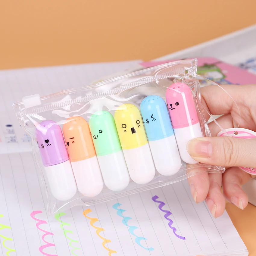 6PCS Cute Mini Smiling Face Pill Highlighter Lovely Cartoon Painting ...