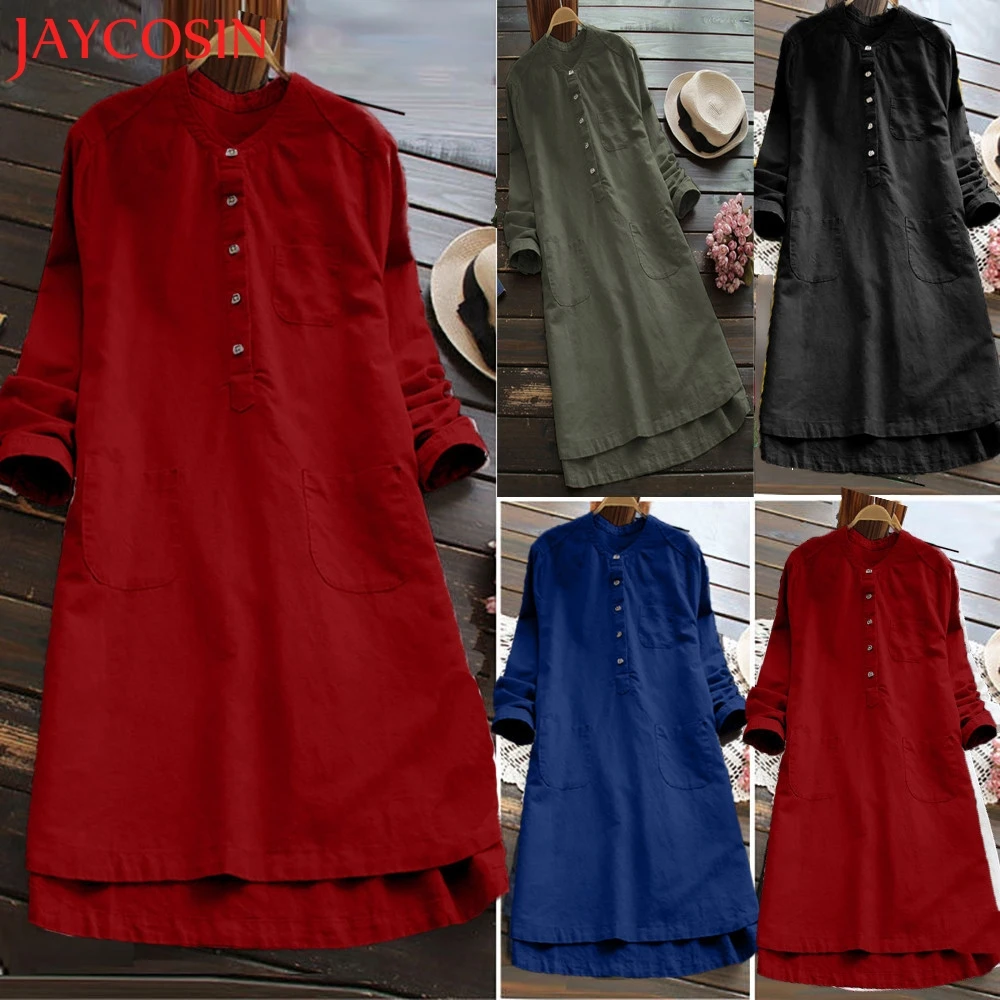 Women Retro Long Sleeve Casual Loose Button Tops Blouse Shirt Dress ...