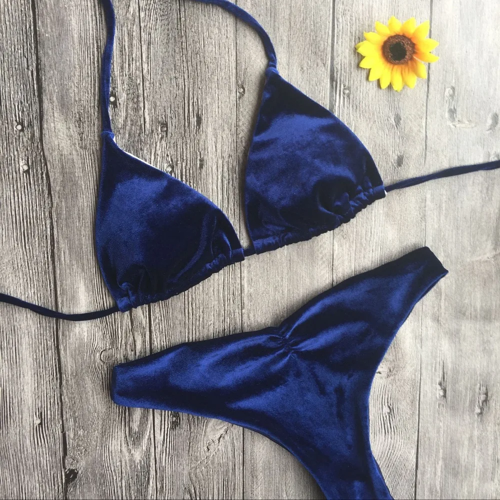 2017 Women blue Velvet Swimsuit bikini women Swimming Suit cut out ...