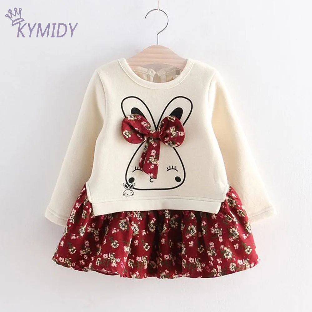 Autumn Cartoon Cute Bunny Rabbit Dress Floral Bow Long Sleeve Girl ...