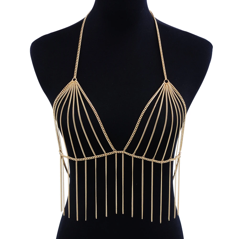 Vintage Gold Tassel Chain Bra Multilayer Sexy Beach Bikini Harness