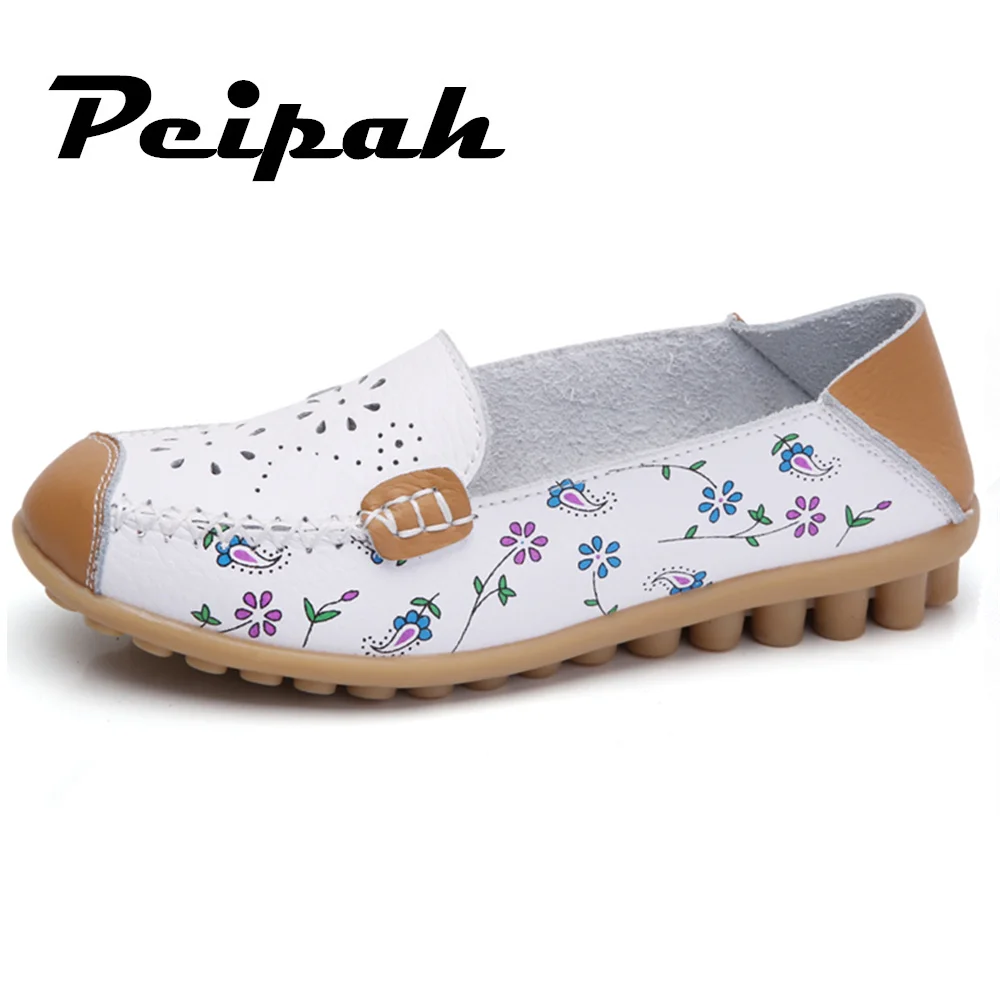 PEIPAH Floral del verano 2018 cuero genuino mujeres de los planos zapatos respiradero zapatos ...