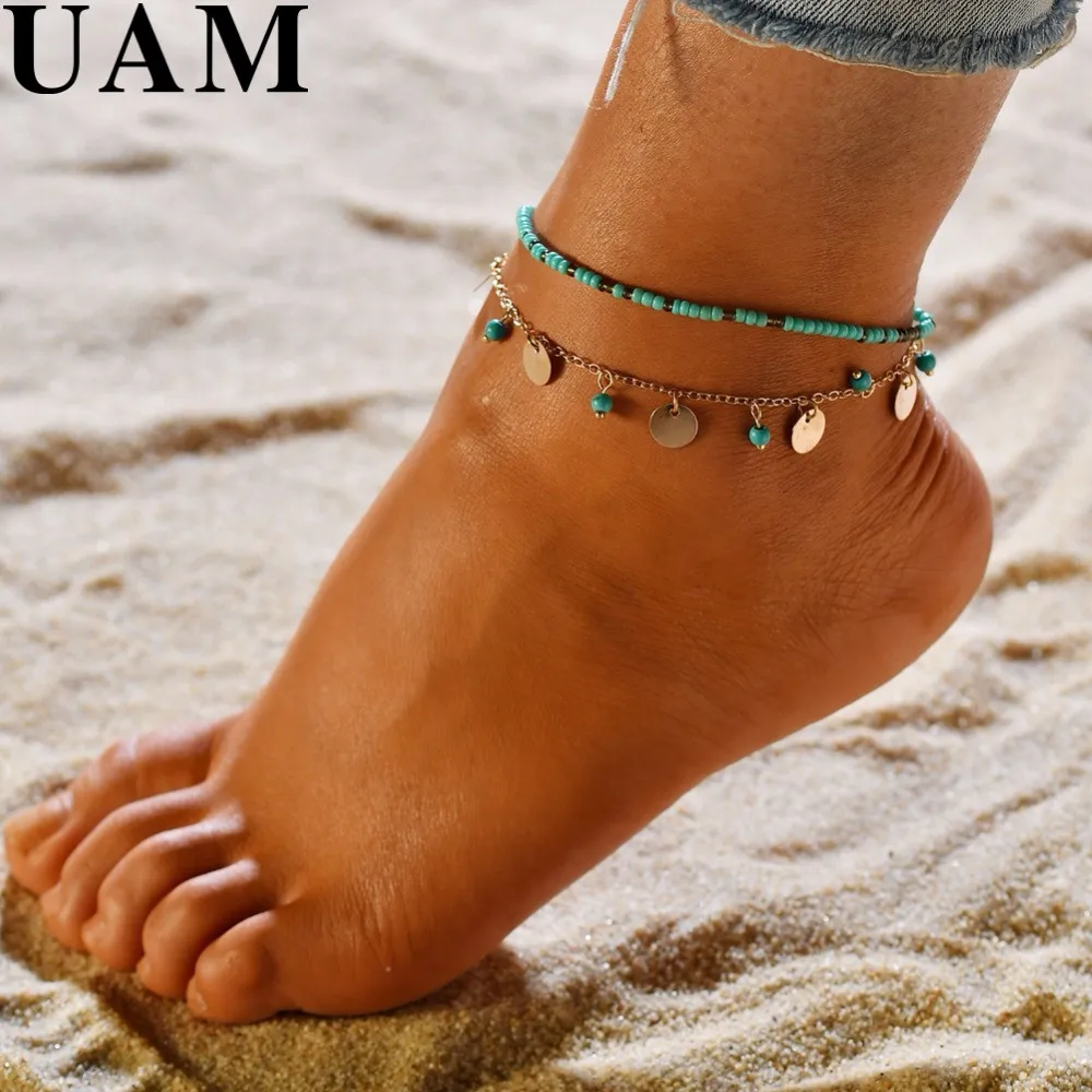 UAM Simple Foot Jewelry Wire Double Layers Anklet Stone Charm Leg ...