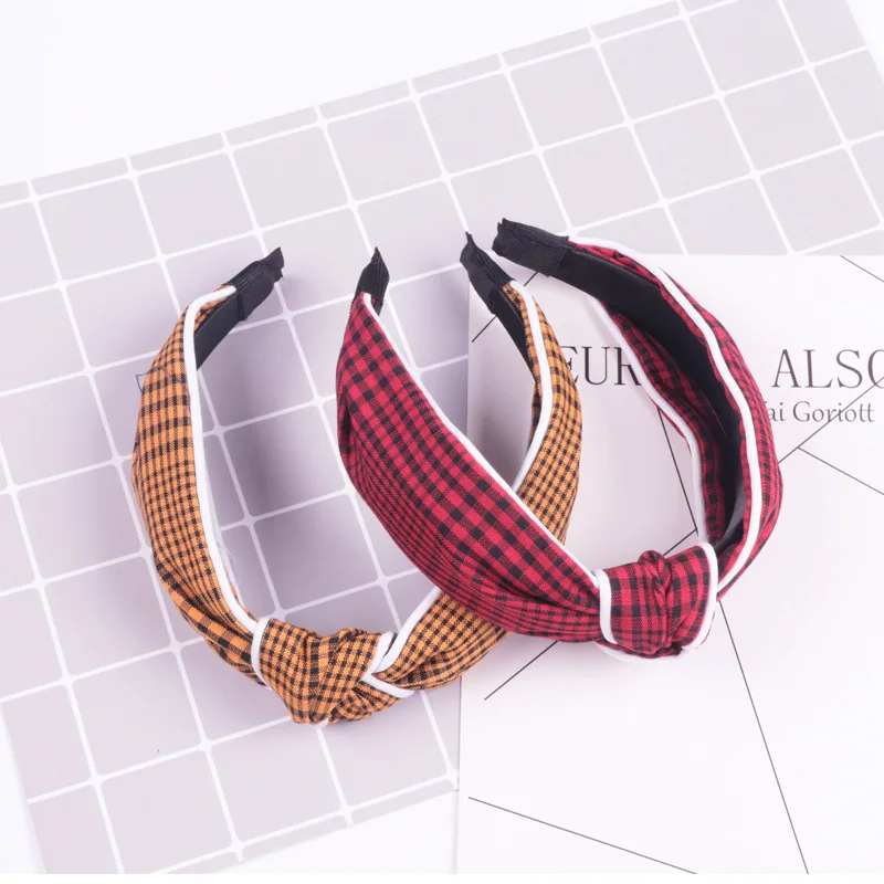 Korean Plaid Hairband Women Wide Cloth Retro Hair Band Bow Cross Knot