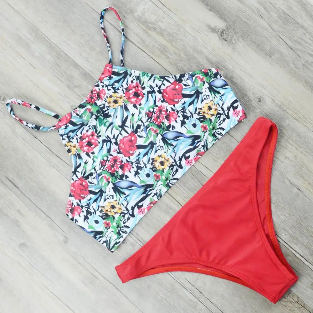 High Neck Bikini Set 2017 Floral Print Swimwear Women Push Up Swimsuit