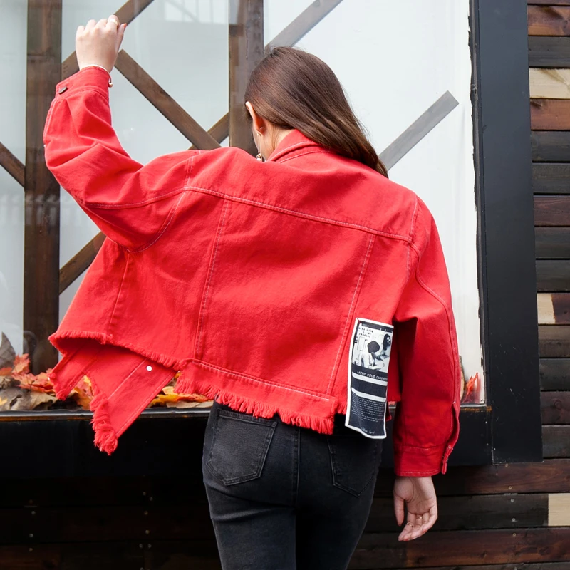 Runway Red Denim Jean Jacket Women Back Appliques Long sleeves Vintage ...