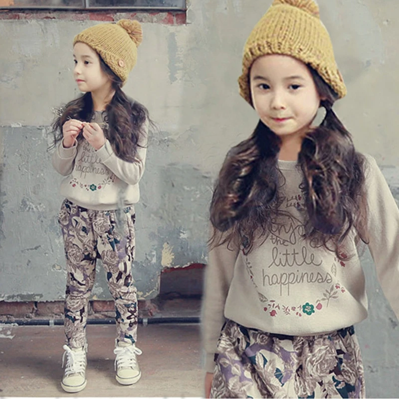 new Spring autumn girls clothing floral printed kids suit set casual ...