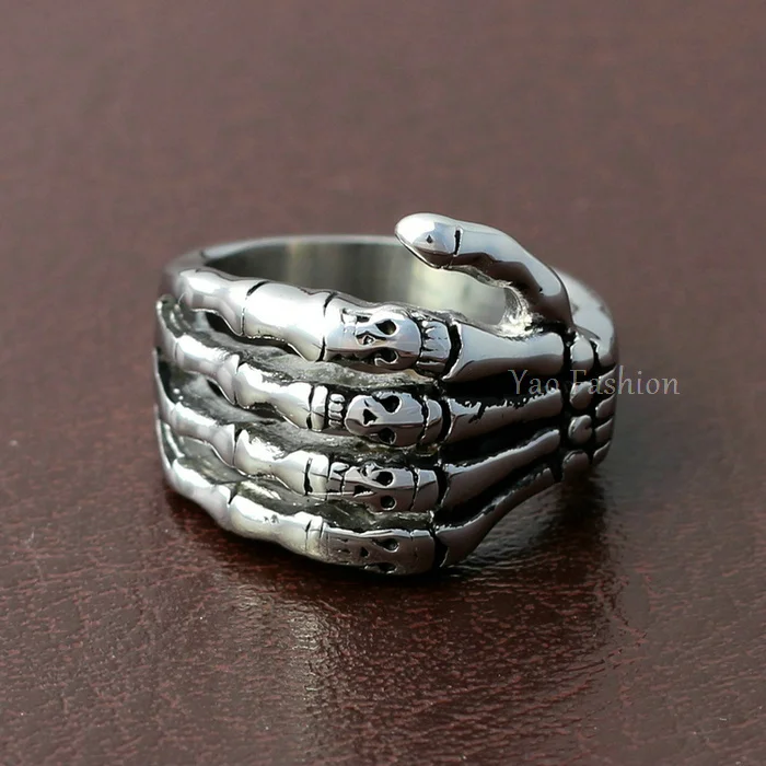 Men's Punk Gothic Rocker Biker Silver Stainless Steel Hand Skeleton ...