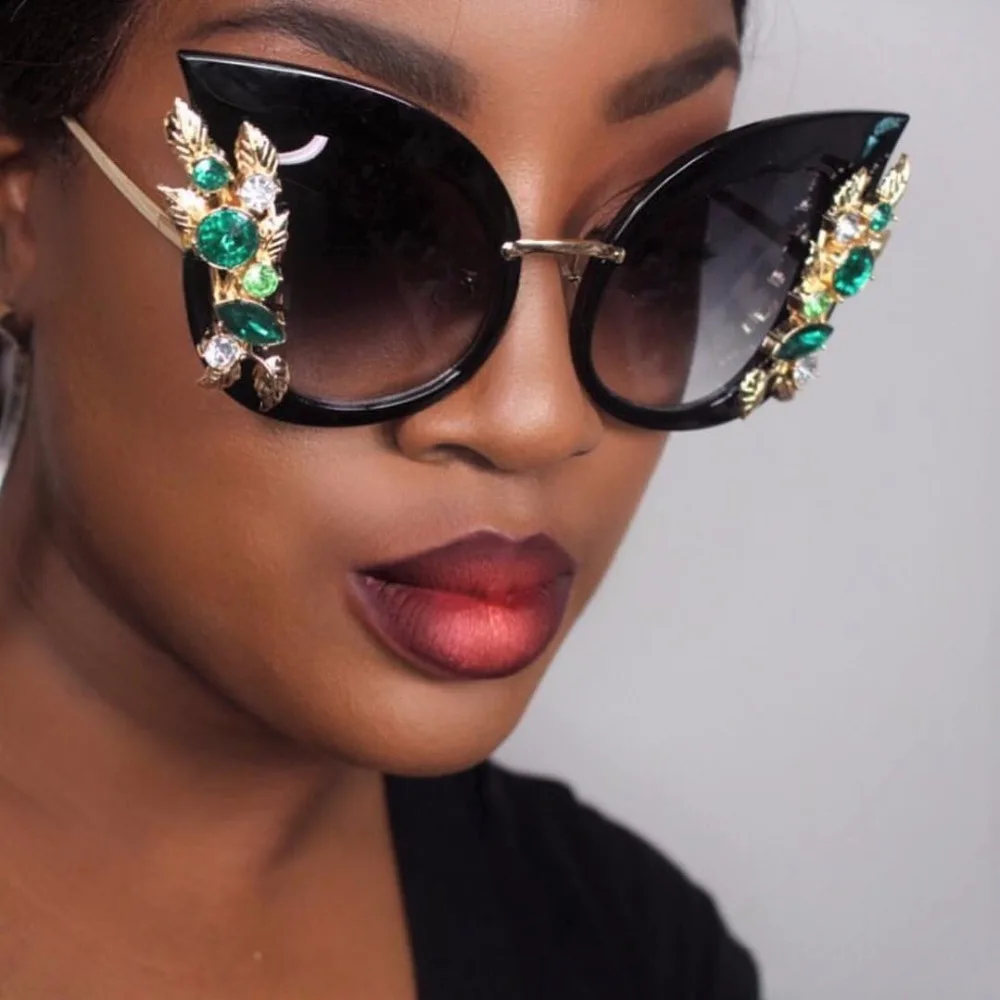Big Cat Eye Sunglasses Women Oversized Green Crystal Diamond 45263 Big Cat Eye Sunglasses Women Oversized Green Crystal Diamond 45263