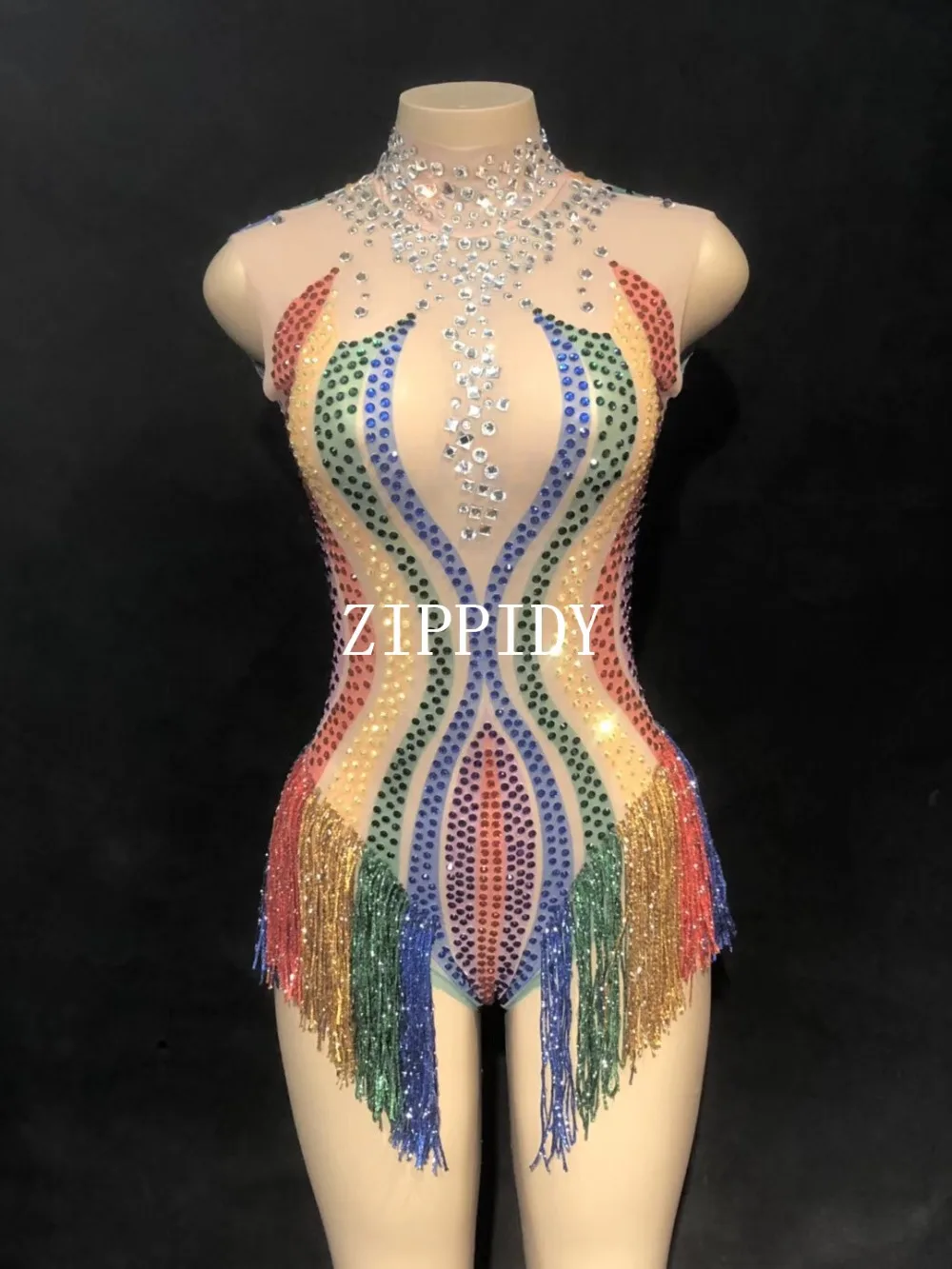 Colorful Rainbow Tassel Mesh Leotard Rhinestones Perspective Fringes