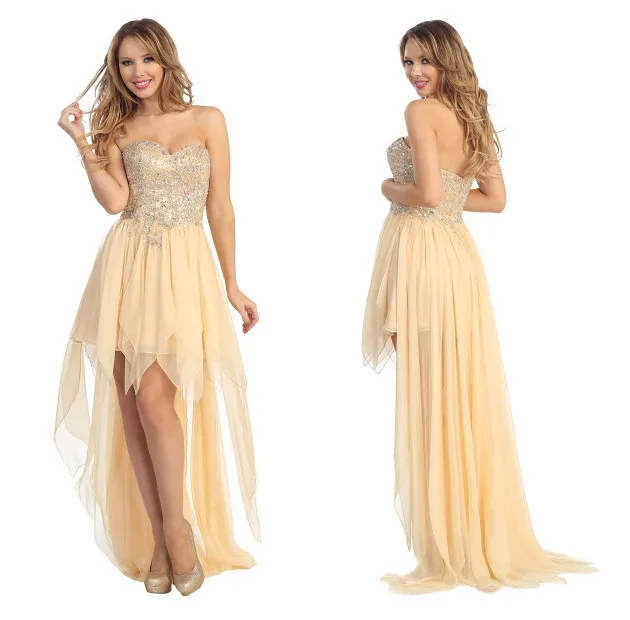 High Low 8th Grade Prom Dress Champagne Chiffon Beaded Long Back Short ...