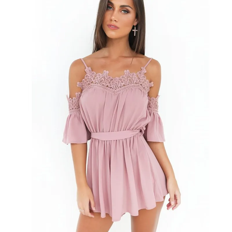 Summer Ladies Sweet Jumpsuits Stitching Lace Backless Sexy Street Wear