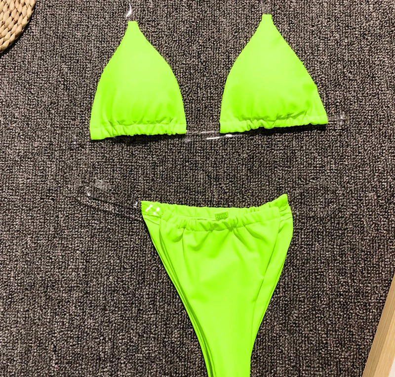 Sexy Neon Bikini Push Up Swimwear Women Simple Swimsuit Invisible Straps Bikinis Set Thong