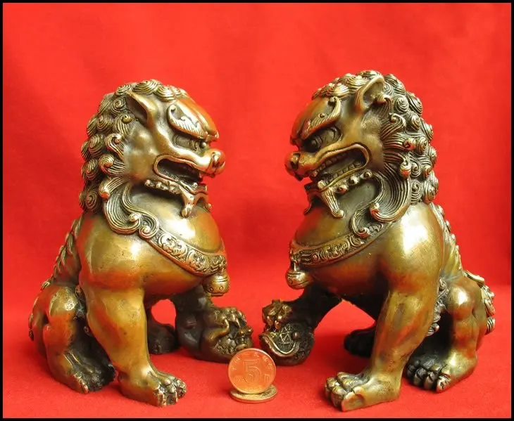 Large Chinese Bronze Foo Dog Guardian Lion Statues 5.5"|statue lion ...