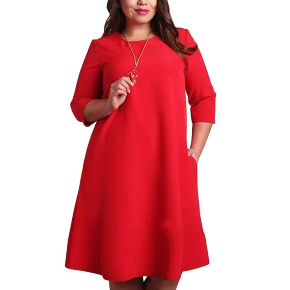 Women Red Big Size Dress Spring Autumn Ladies Dresses Pockets Casual ...