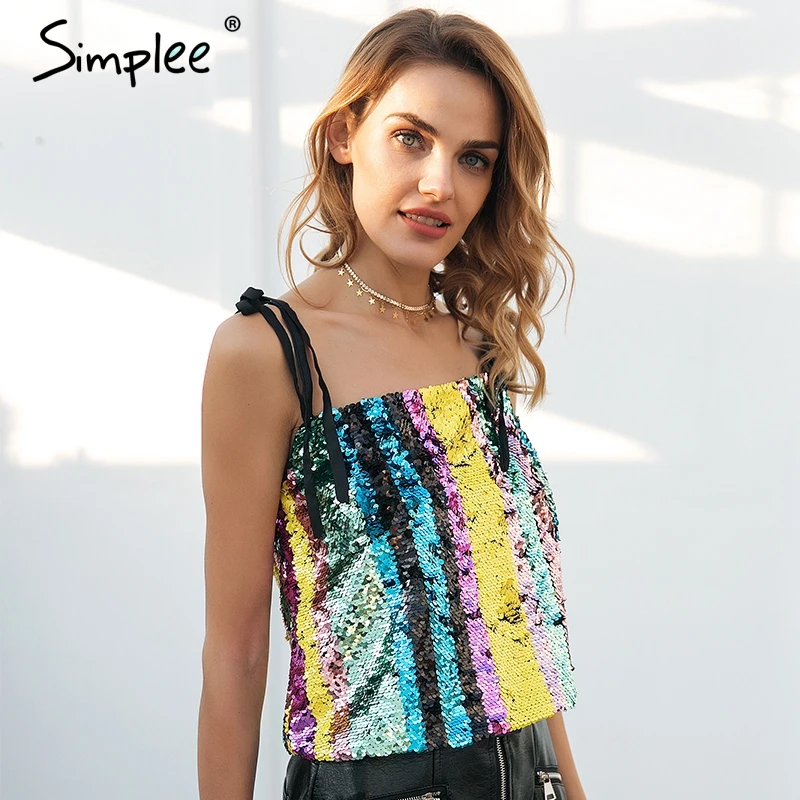 Simplee Strap Sequin Camisole Tank Crop Top Women Tie Up Sexy Cropped