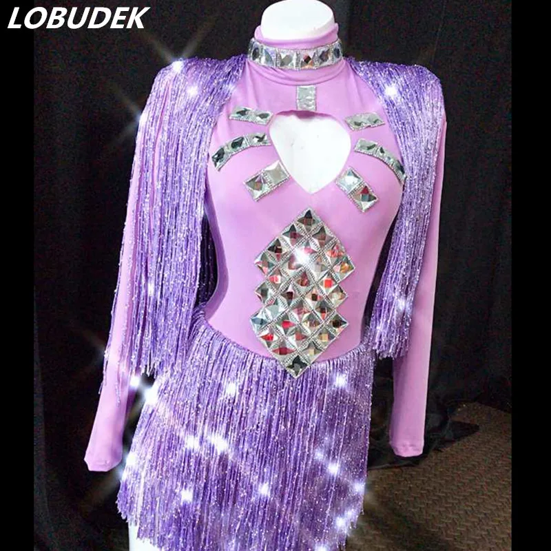 6-Colors-Sparkly-Crystals-Long-Sleeve-Purple-Bodysuit-Nightclub-Party ...