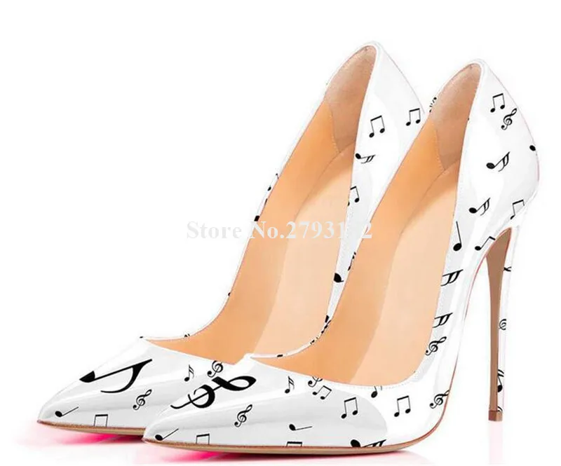Brand Design Patent Leather Pointed Toe Music Notes Printed Stiletto ...