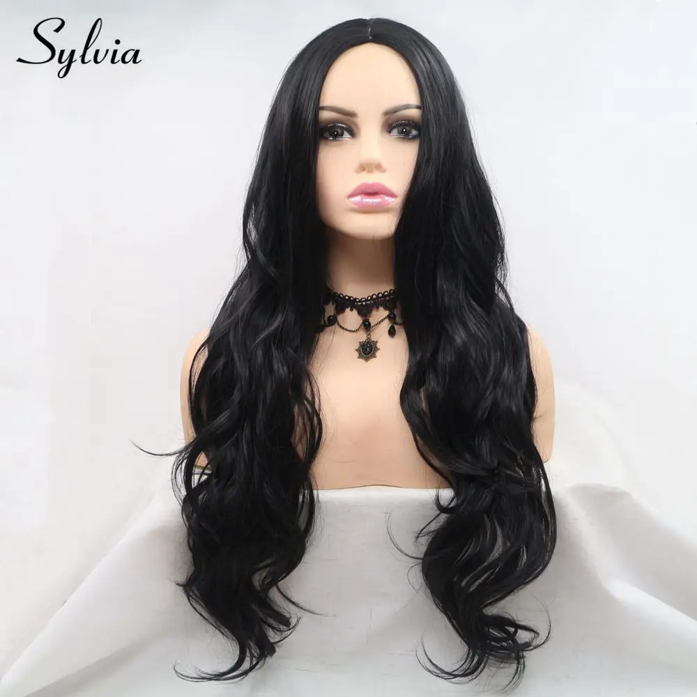 Sylvia Long Body Wave Hair 1b Machine Made Wigs For Women Middle Part Heat Resistant Black