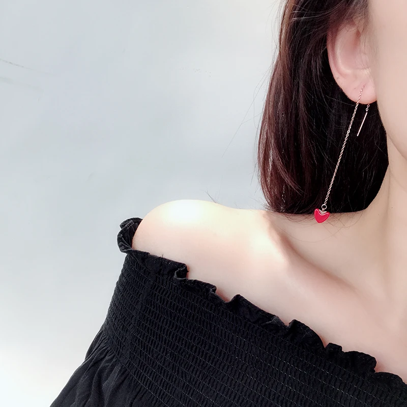 YUN RUO 패션 개성 붉은 심장 술 장식 귀걸이 여자 로즈 골드 컬러 티타늄 스틸 쥬얼리 생일 선물 절대 페이드|단추모양 ...