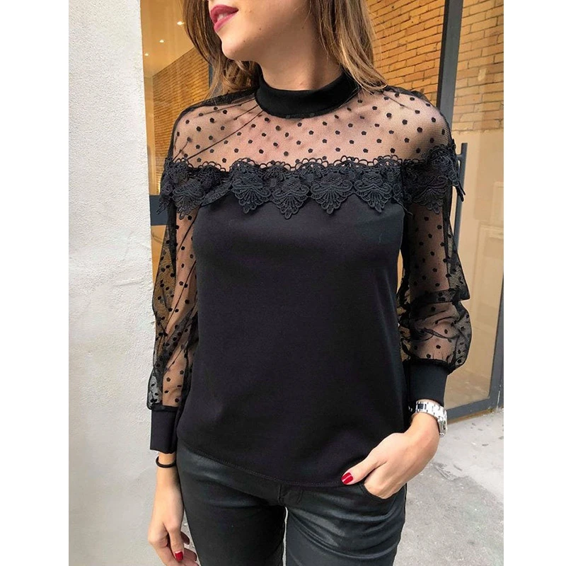 Tops y blusas para mujer Sexy negro transparente de encaje de malla de ...