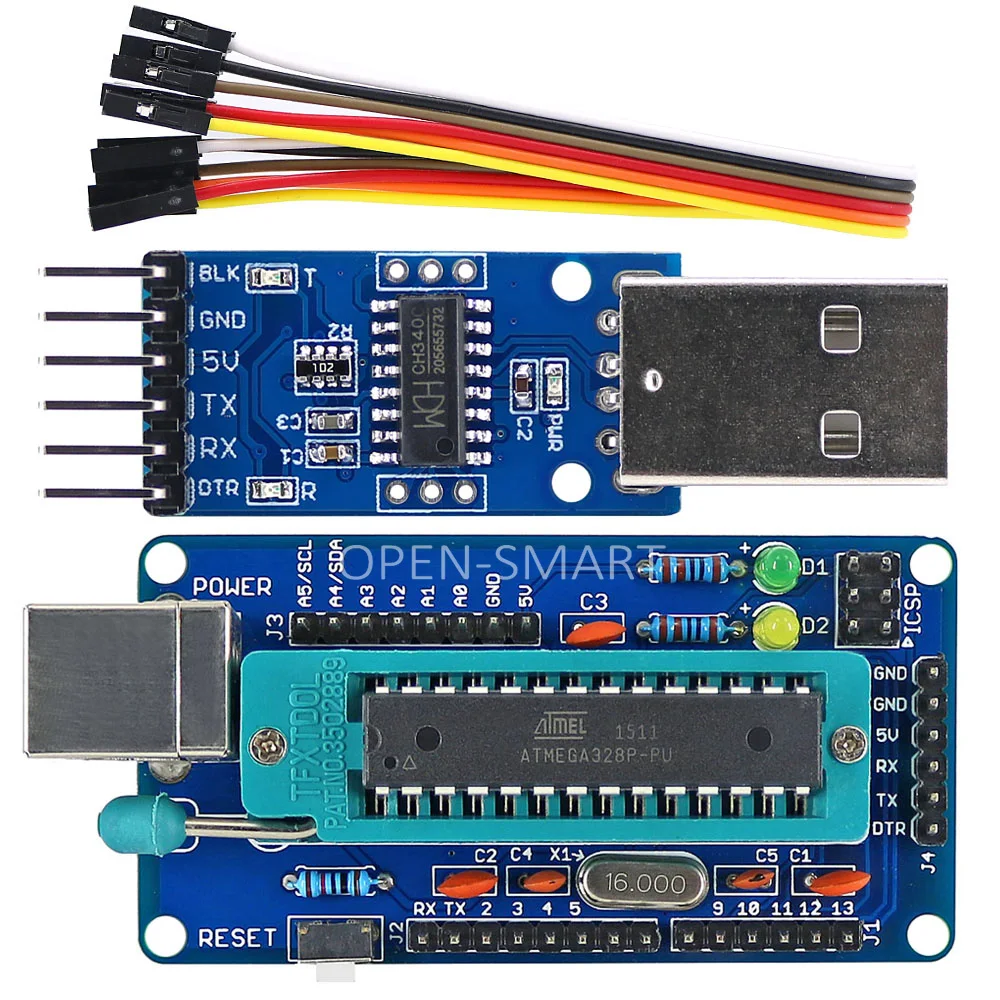 OPEN-SMART DIY ATmega328P Development Board + CH340 Module + Cable USB to TTL Programmer ...