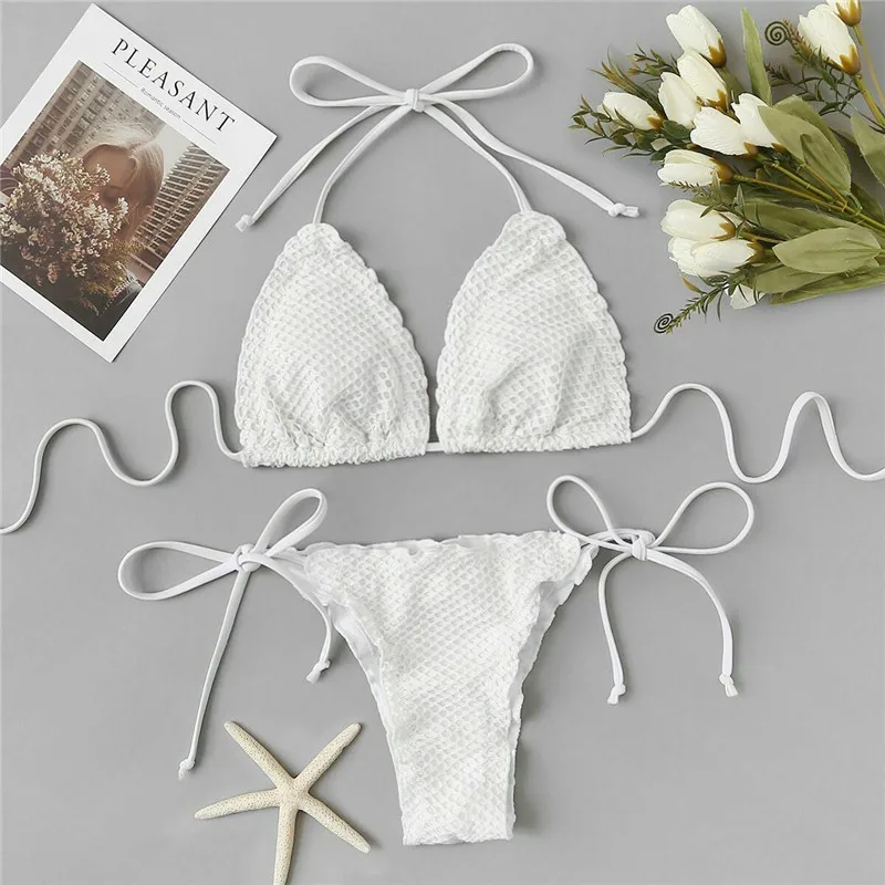 Conjunto De Bikini Con Cuello Halter Para Mujer Bañador Blanco