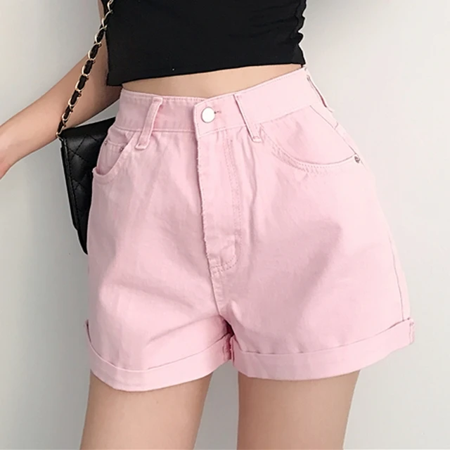 2018 New Pink Solid Denim Shorts Women Cuffed High Waist Sexy Female Shorts Spring Summer Pocket