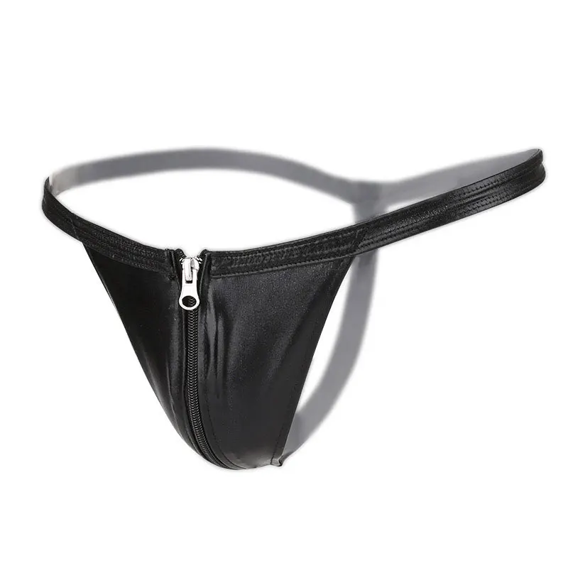 Sexy Men Zipper Open Crotch Sexy G String Pu Faux Leather Shiny Bikini Thongs Panties Brief