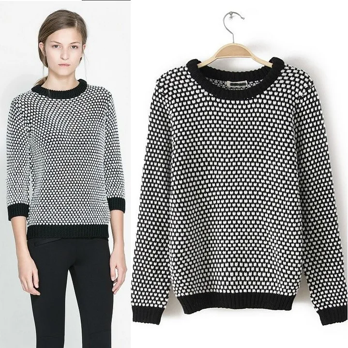 autumn winter fashion classic black and white color block corn knitted ...