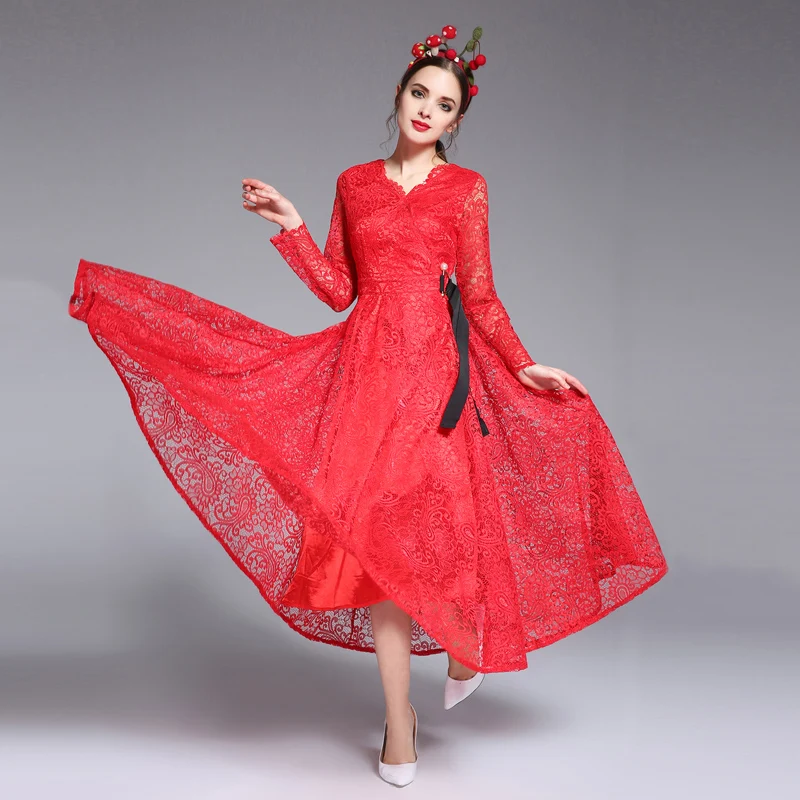 2017 New Spring Sexy Women Red Lace Maxi Dresses Elegant V Collar Slim ...