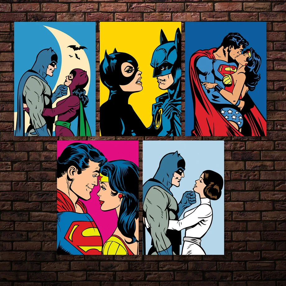 Superhero kiss Batman Catwoman Superman Wall Art Canvas Painting Nordic Posters And Prints Wall ...