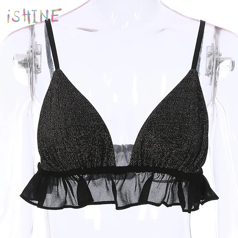 Sexy Bra Women Black Ruffle Chiffon Patchwork Tank Top Seamless