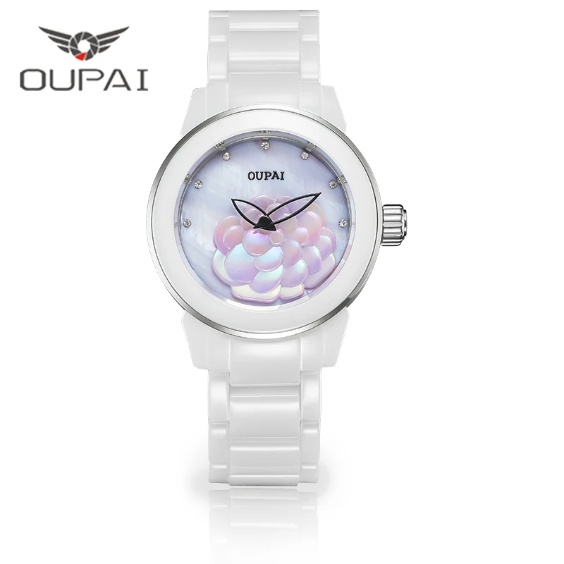Oupai Camellia Elegant Fashion Ceramics White Watch Women Waterproof ...