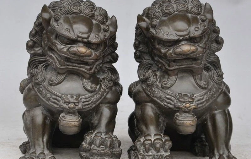 Chinese Pure Bronze Folk Temple FengShui Fu Dog Lion Head Ball Statue ...