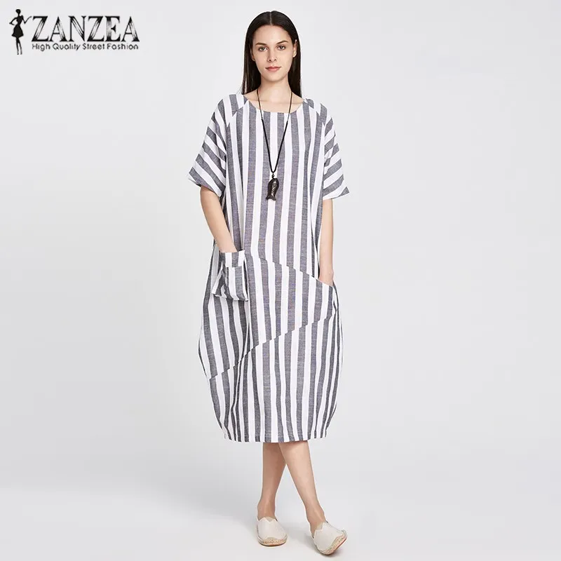 Zanzea Women Striped Dress Round Neck Splice Midi Casual Leisure Basic