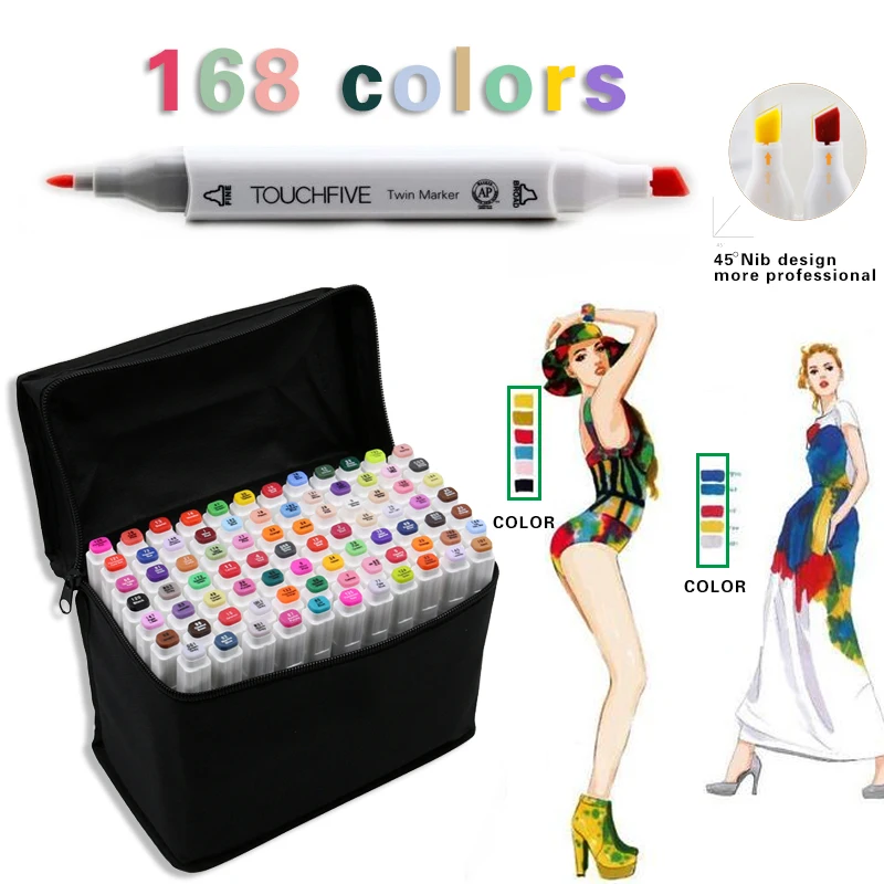 TOUCHFIVES 168 Marker Set Colors Double Headed Sketch Alcohol Based Ink ...