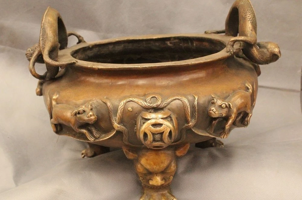 10" Marked Chinese Folk Bronze Two Dragons Dog Play Bead Incense Burner ...