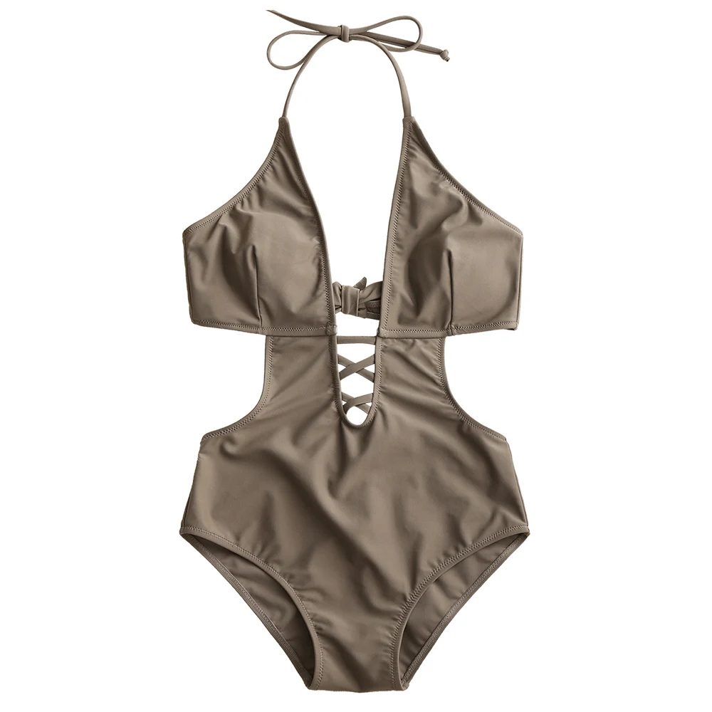 Halter Lattice Front One Piece Swimwear Women Sexy Thong Swimwear High