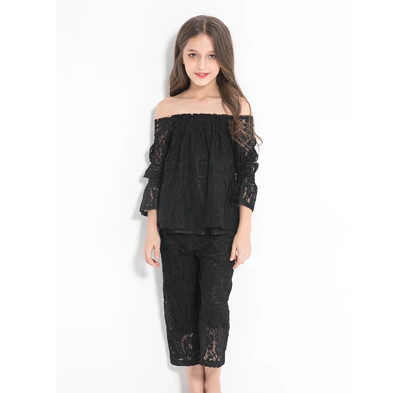 Girls Lace Sets Off the Shoulder Shirts Big leg Pants two piece Teenage ...