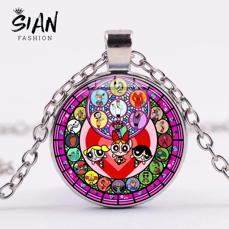 SIAN Cartoon Cute The Powerpuff Girls Necklace Crystal Glass Gem ...