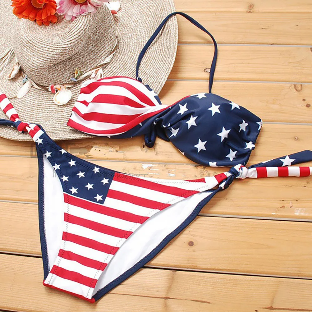 Sexy Flag Print Bikinis Women Swimsuit 2019 Padded Beach Wear Halter ...