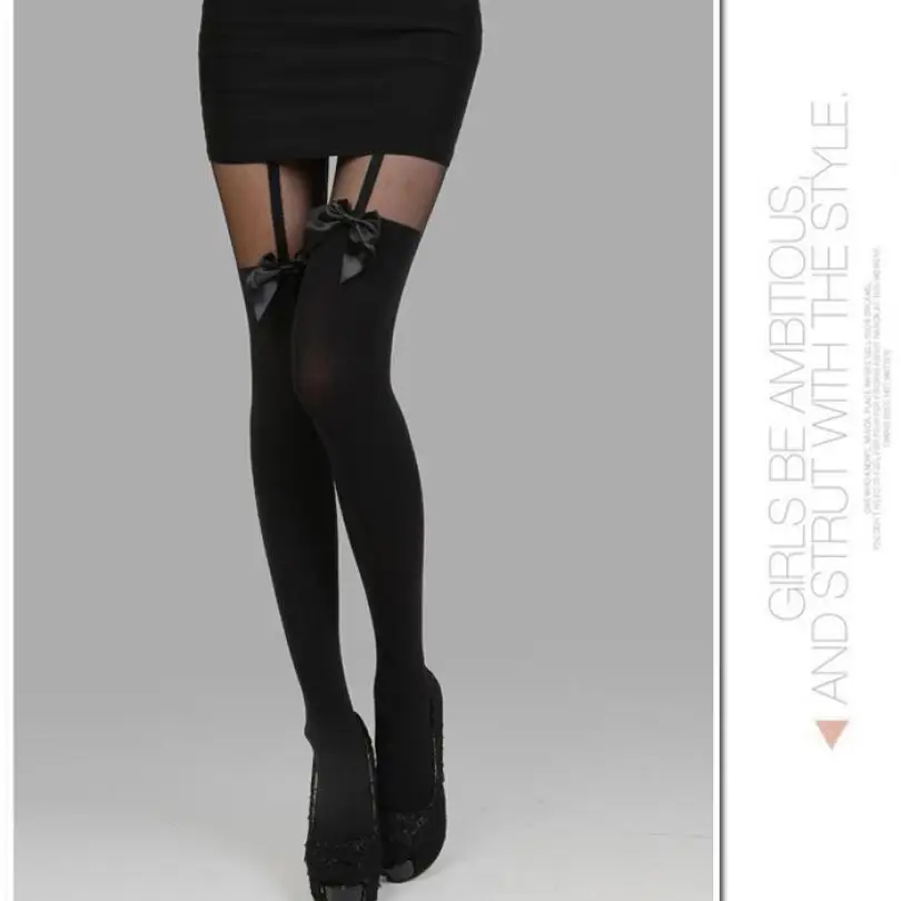 2017 Women Vintage Black Tights Bowknot Garter Pantyhose Tattoo Mock