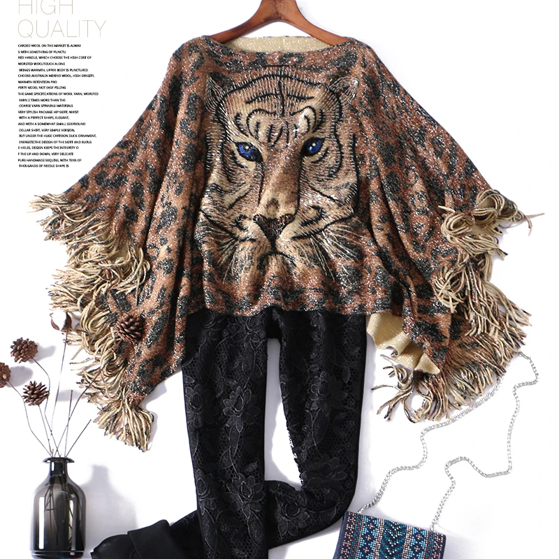 Leopard hedging coat female fashion light silk tassel cloak sweater ...
