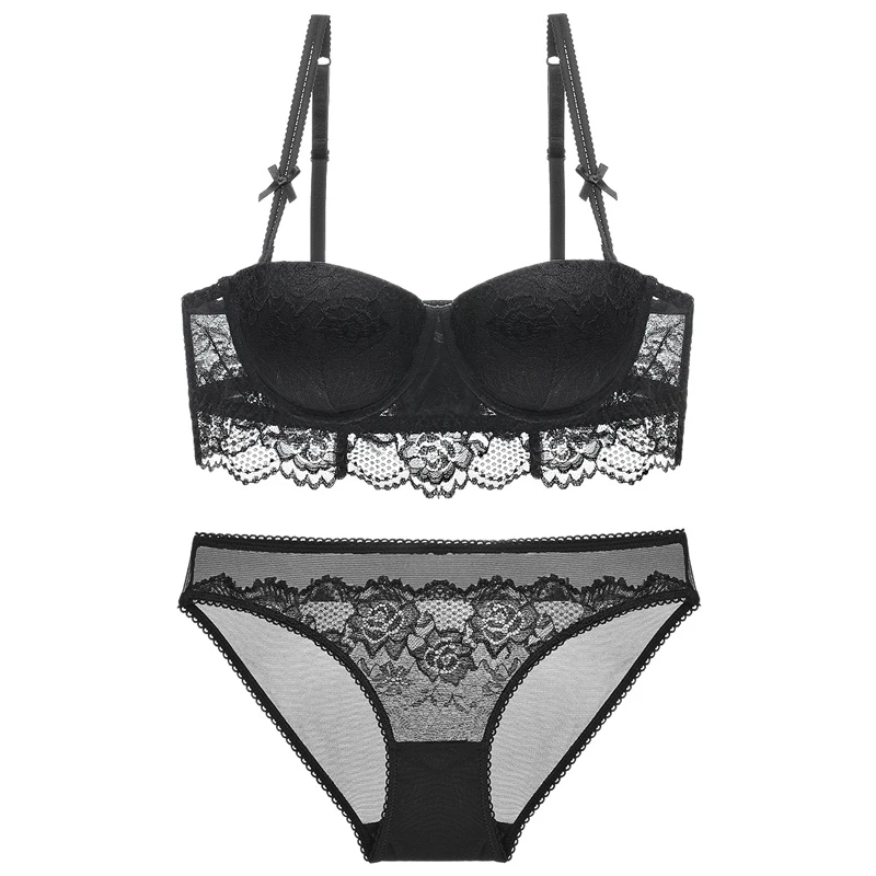 Ladychili Wome Intimate Sweet Floral Embroidery Half Cup Bra Set ...