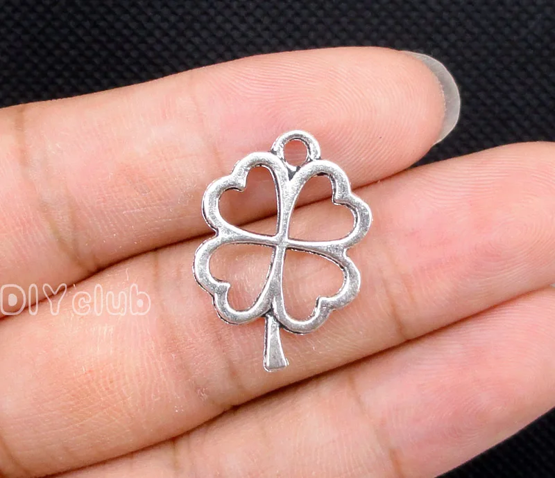 60pcs Antique Silver 2 Sided Four Leaf Clover Charms Pendant 28x18mm ...