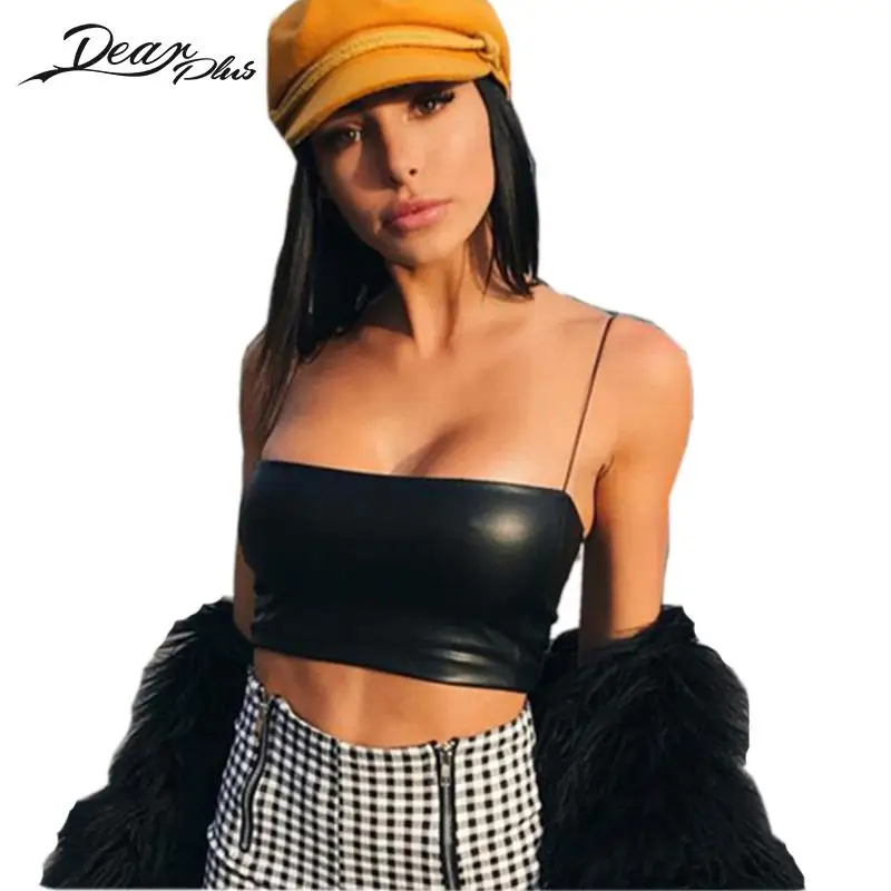 Women Sexy Crop Tops Pu Faux Leather Slim Sling Strappy Camis Camisole